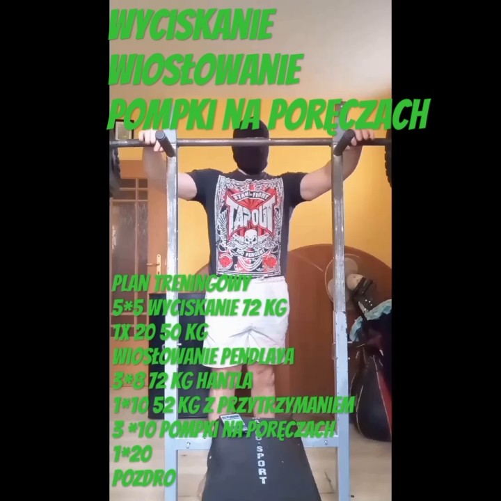 Wyciskanie na barki 72 kg 1 x20 50 wiosłowanie pendlaya 72 kg pompki na poręczach z ciężarem ...