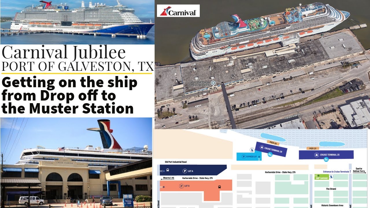Carnival Jubilee from drop off to boarding in Galveston TX Cruise Port ...