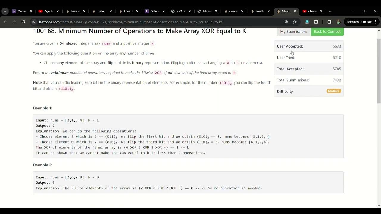 100168 Minimum Number Of Operations To Make Array Xor Equal To K