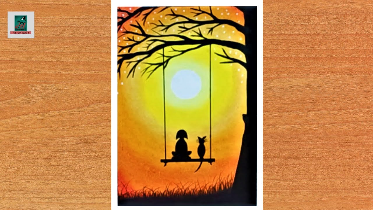 How To Draw Cat Sitting On Swing Easy With Oil Pastel || Step By Step ...