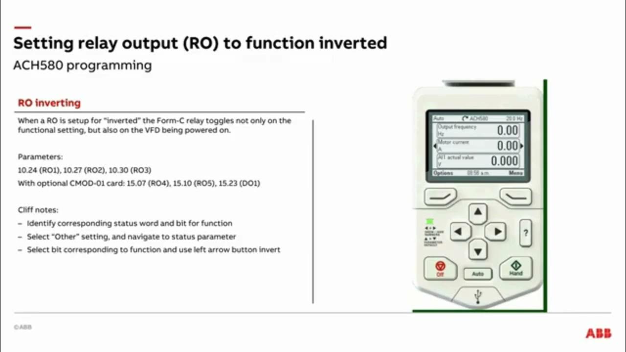 ABB ACH580 Variable Frequency Drive Inverting a Relay Output RO setting ...