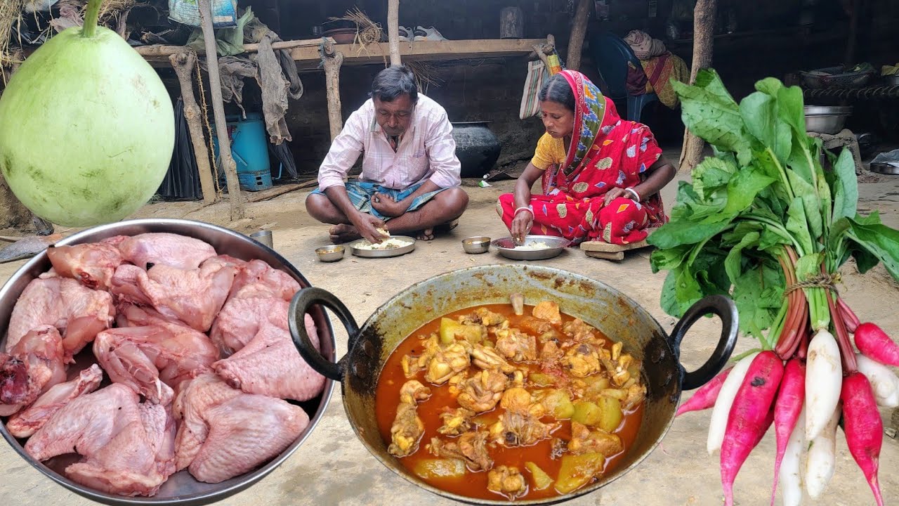 chicken WING CURRY with bottle gourd cooking and RED WHITE RADISH ...