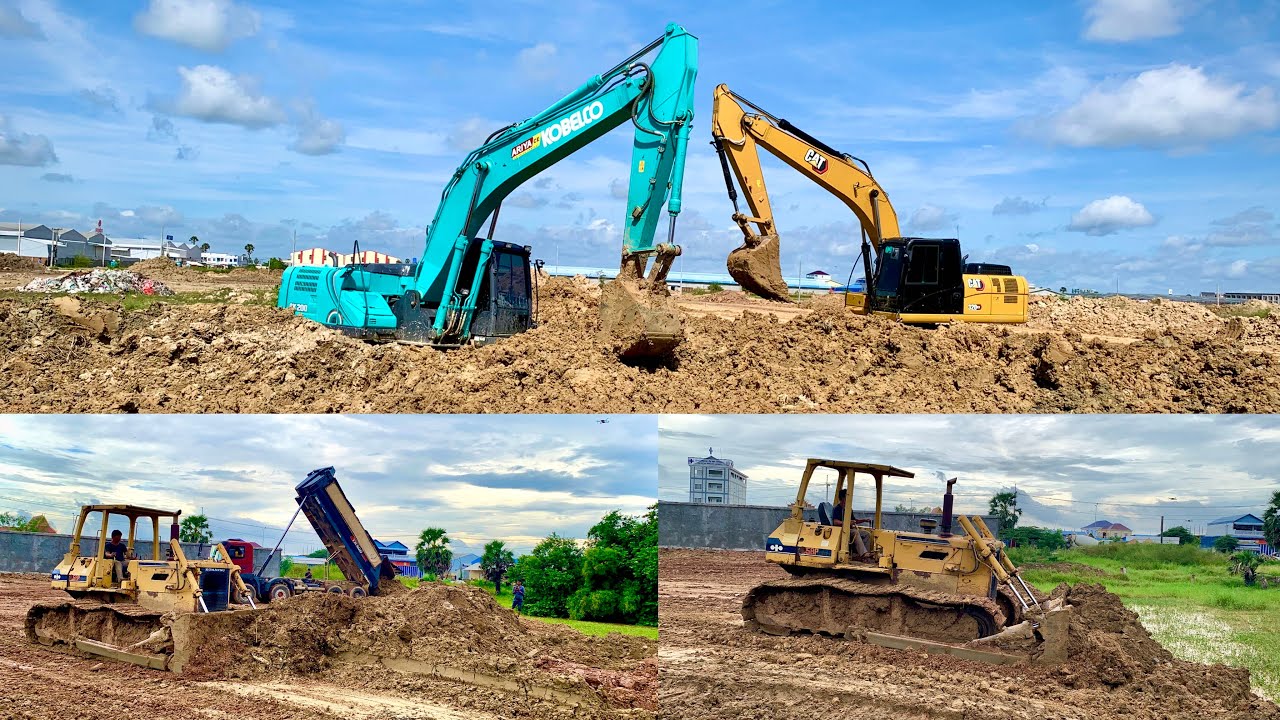 CAT vs Kobelco Excavators and Land Filled Project by Komatsu D58 Dozer ...