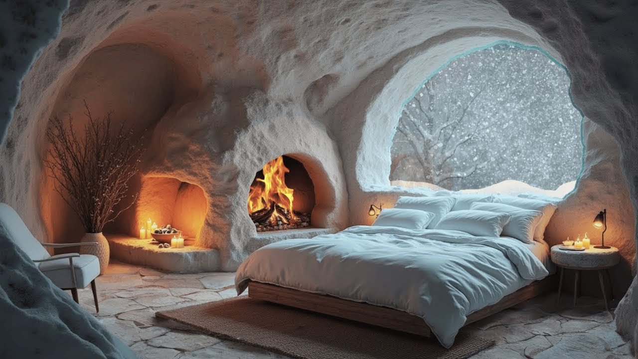 Cozy Winter Cave Ambience Snowy Escape with Warm Fireplace Vibes , you ...
