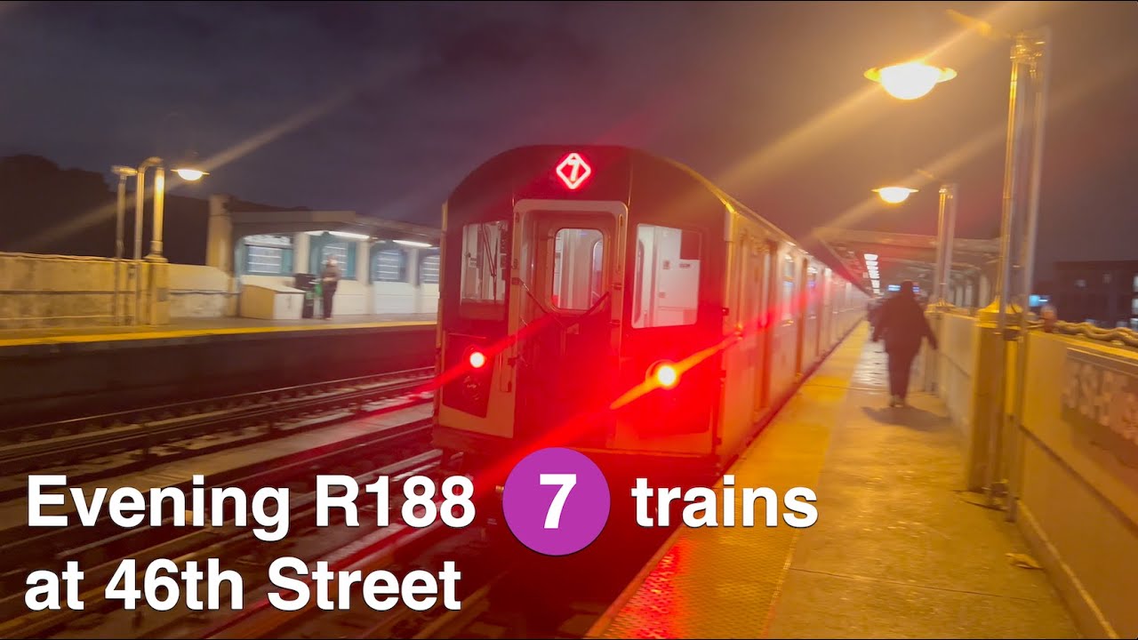 MTA NYCT: Evening R188 7 trains at 46th Street - YouTube