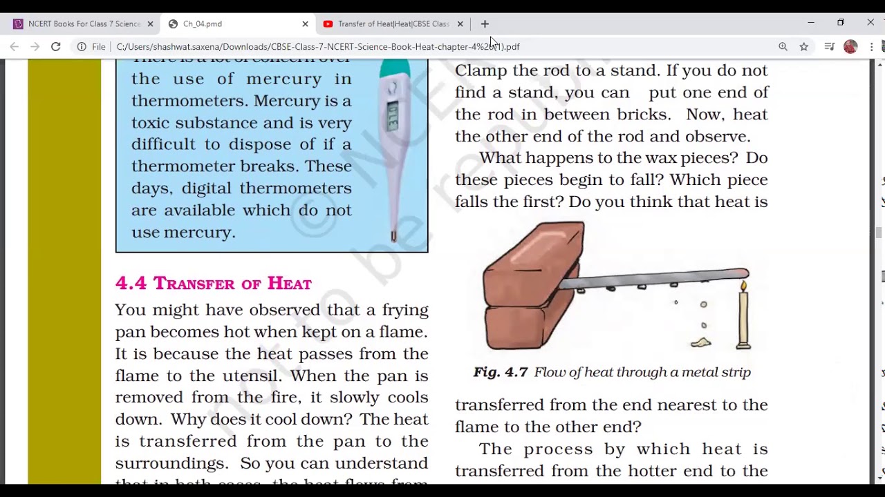 class 7 science ch4 part2 Heat - Transfer of heat - Conduction - YouTube