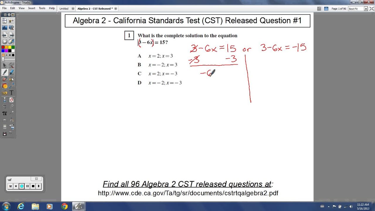 Algebra 2 - CST Released Question #1 (Solving Equations with Absolute Value) - YouTube