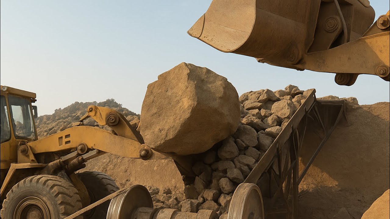 Caterpillar in Action! Removing a Heavy Boulder to Feed the Crusher ...