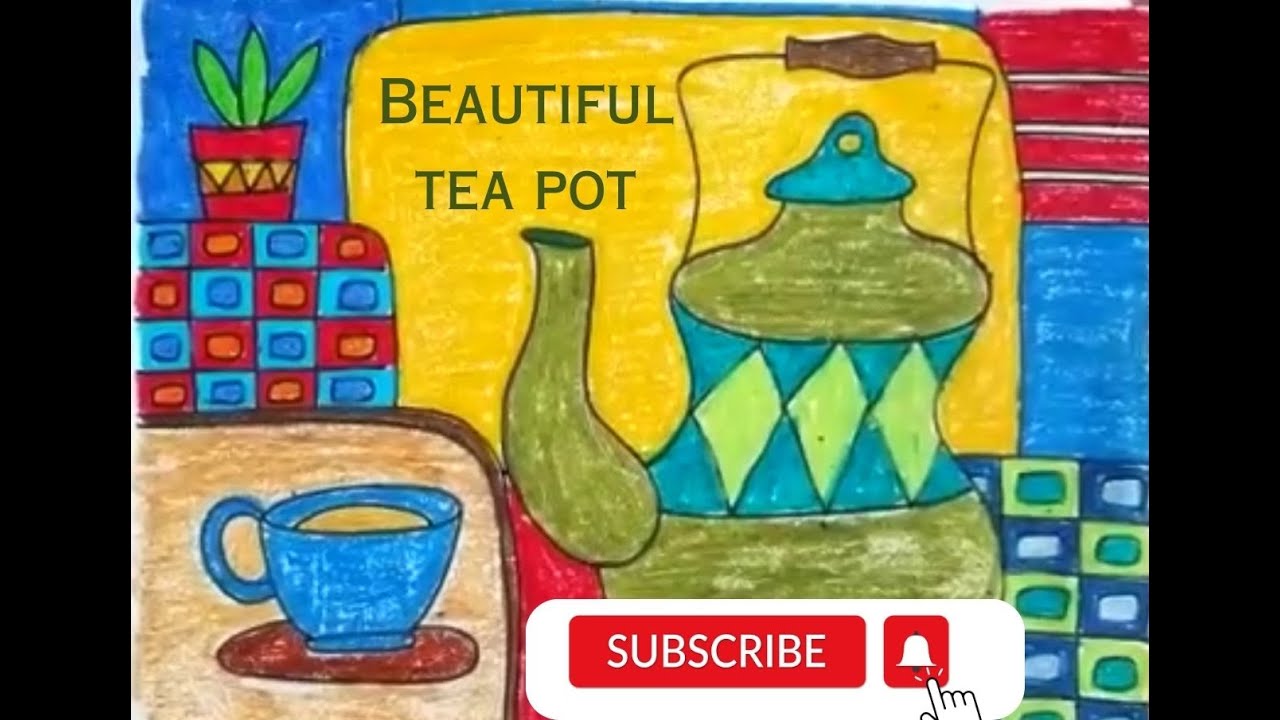 How to draw Tea pot, color with oil pastels, step by step guide to draw ...