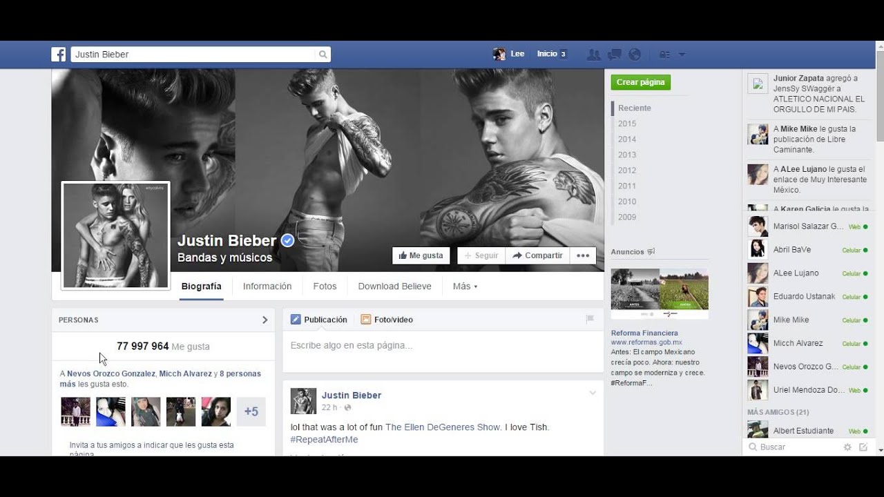 Pagina oficial de Facebook de Justin Bieber - YouTube