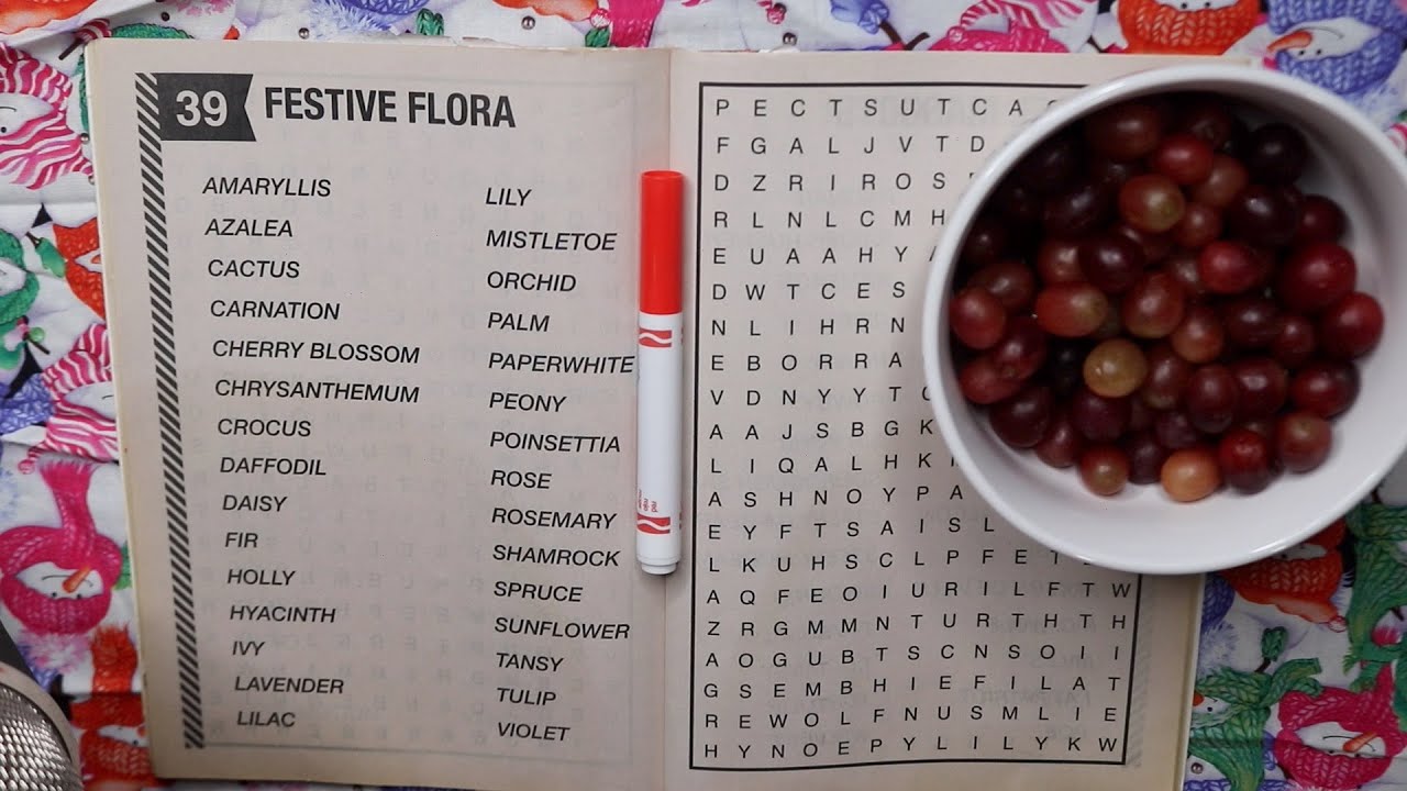 FESTIVE FLORA WORD SEARCH GRAPES ASMR EATING SOUNDS - YouTube