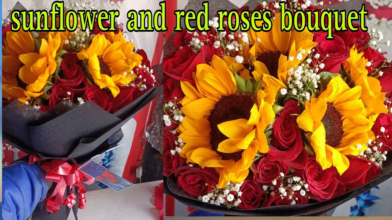 sunflower and red roses bouquet | phoolon ka guldasta kaise banaen ...