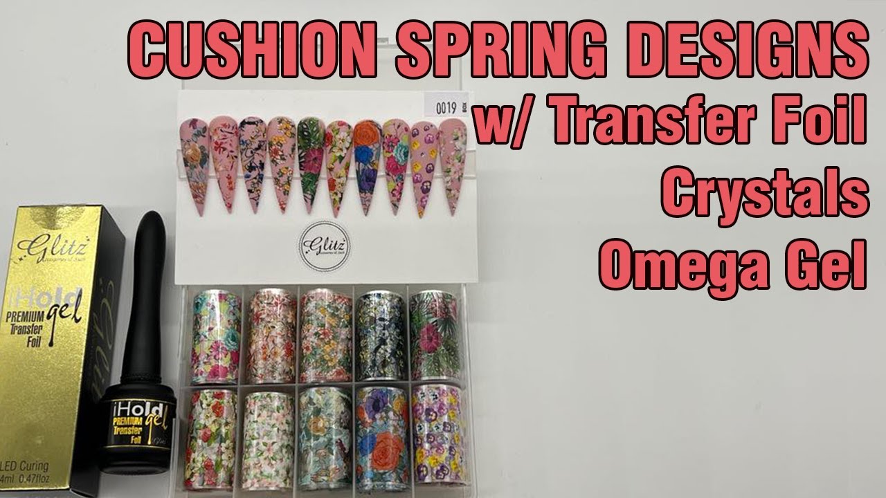 Cushion Spring Nail Extensions w Transfer Foil, Crystals, Omega Gel ...