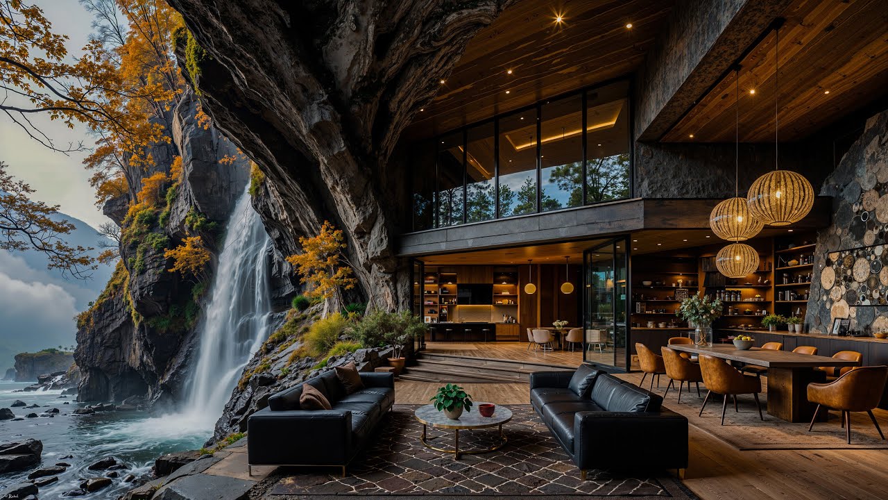 Secret Autumn Cliff 🍂 Luxury Cave Lounge by the Waterfall with Gentle ...