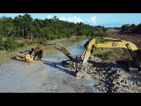 Incredible ROAD builder! CAT excavators digging MUD to build basic ROAD ...