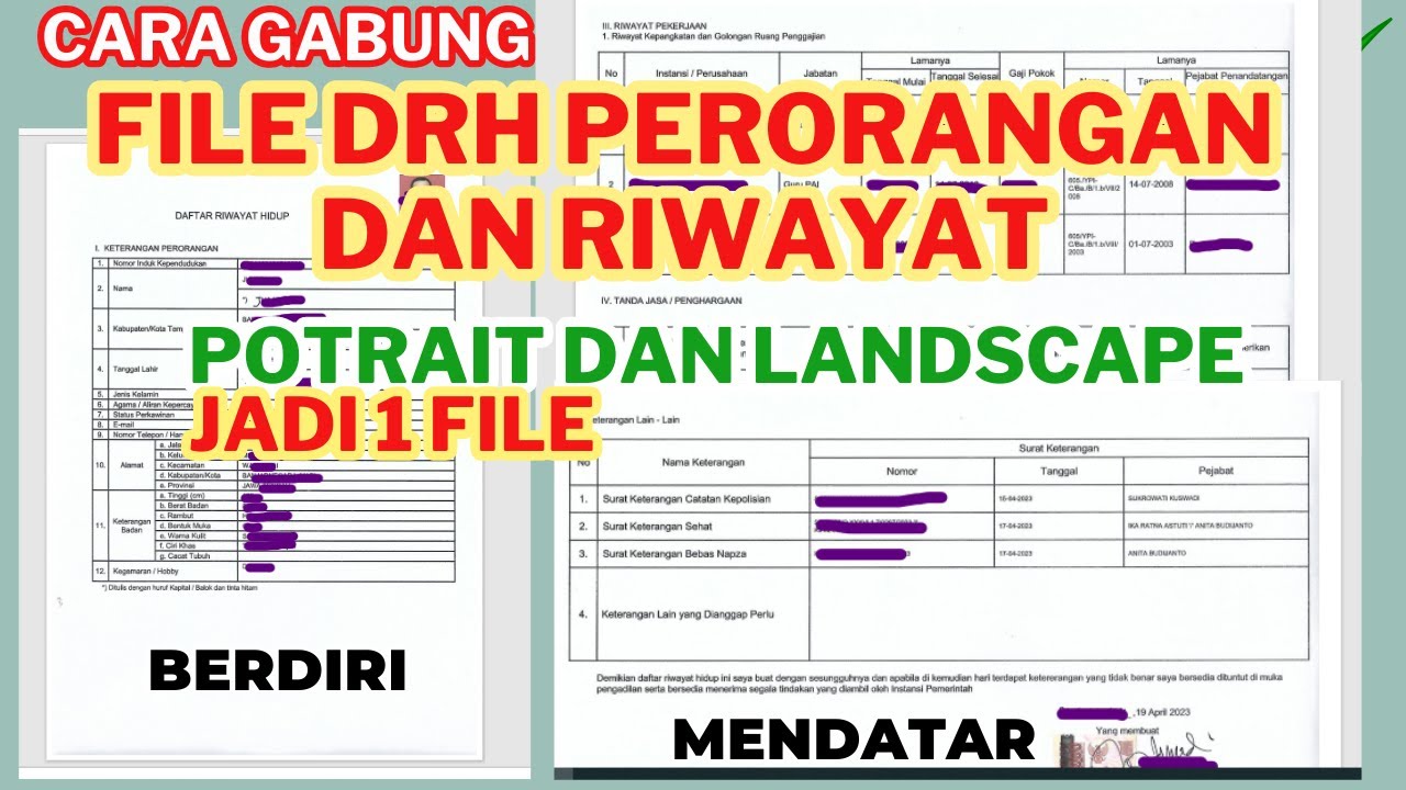 cara gabung drh perorangan dan riwayat 1 file, buat DRH potrait ...