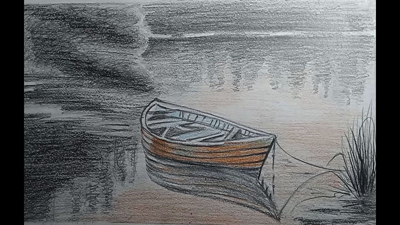 Comment dessiner en crayon un barque sur un lac calme /paysage maritime ...