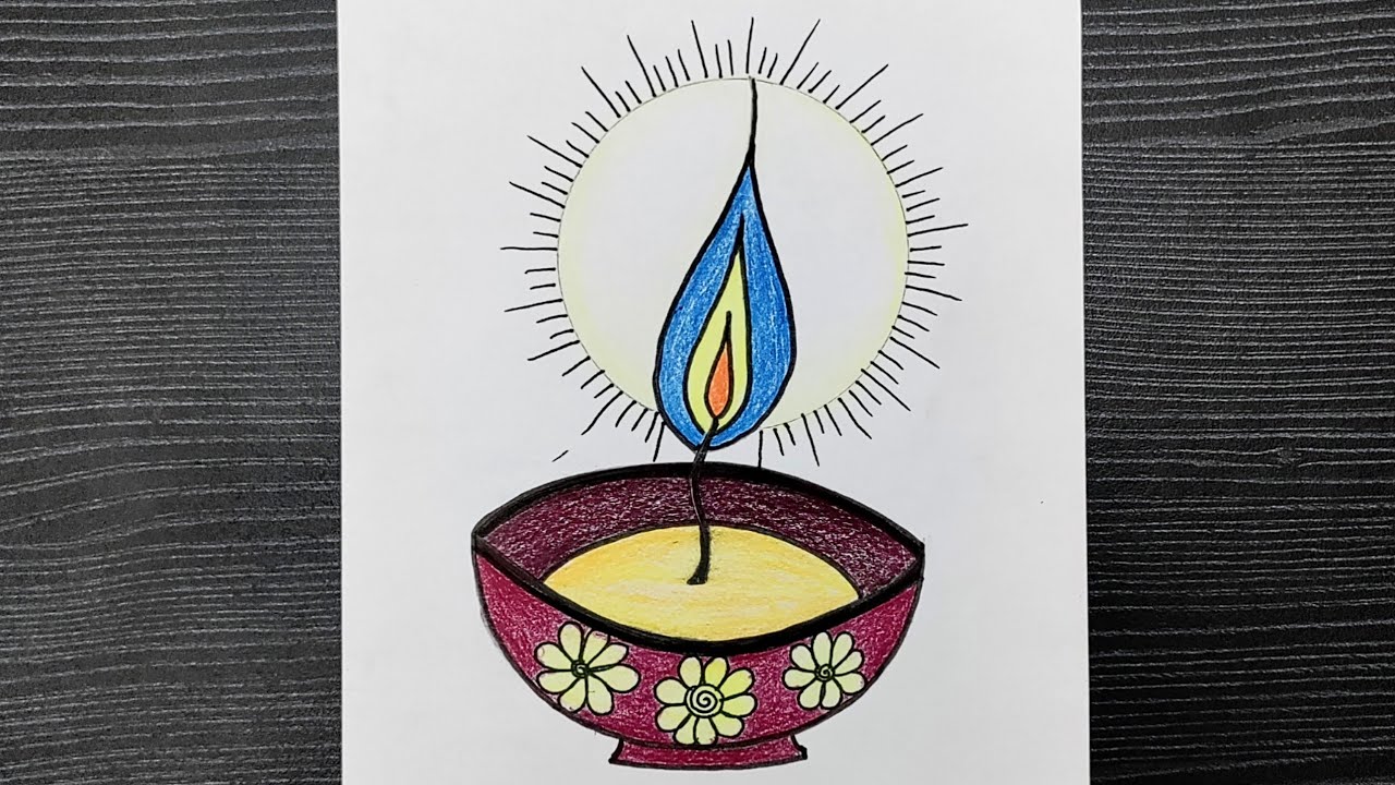 Beautiful Diya Drawing With Color // Easy Diya Drawing For Diwali - YouTube
