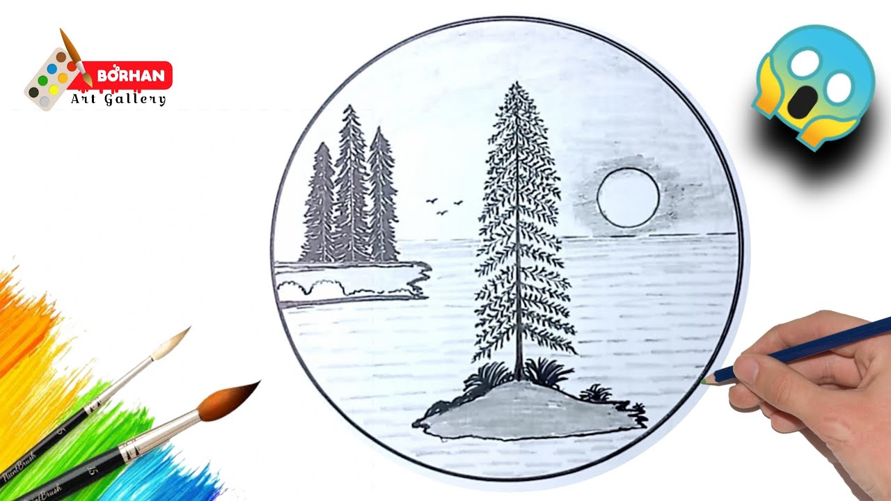 Easy nature drawing riverside | Nature circle drawing | Borhan art ...