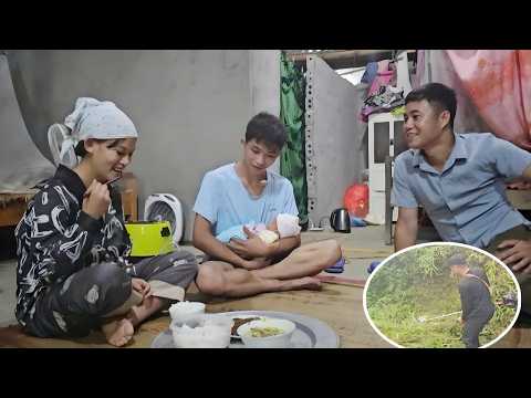 After clearing away the weeds, he went to visit Linh; seeing her happy, he felt very glad.