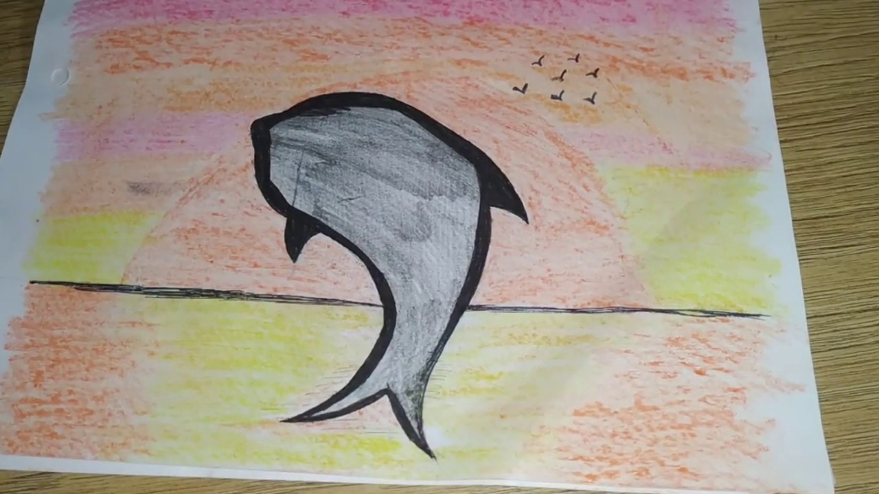 Dolphin Sun set drawing - Wax crayon- kids - YouTube