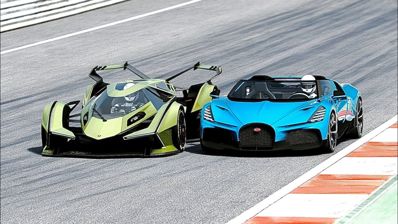 Bugatti W16 Mistral vs Lamborghini V12 Vision GT at Monza - YouTube