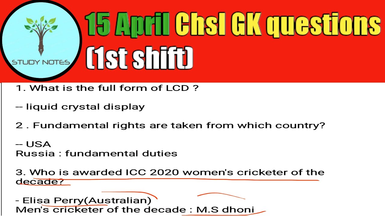 15 April 2021 chsl GK questions. chsl exam analysis. - YouTube