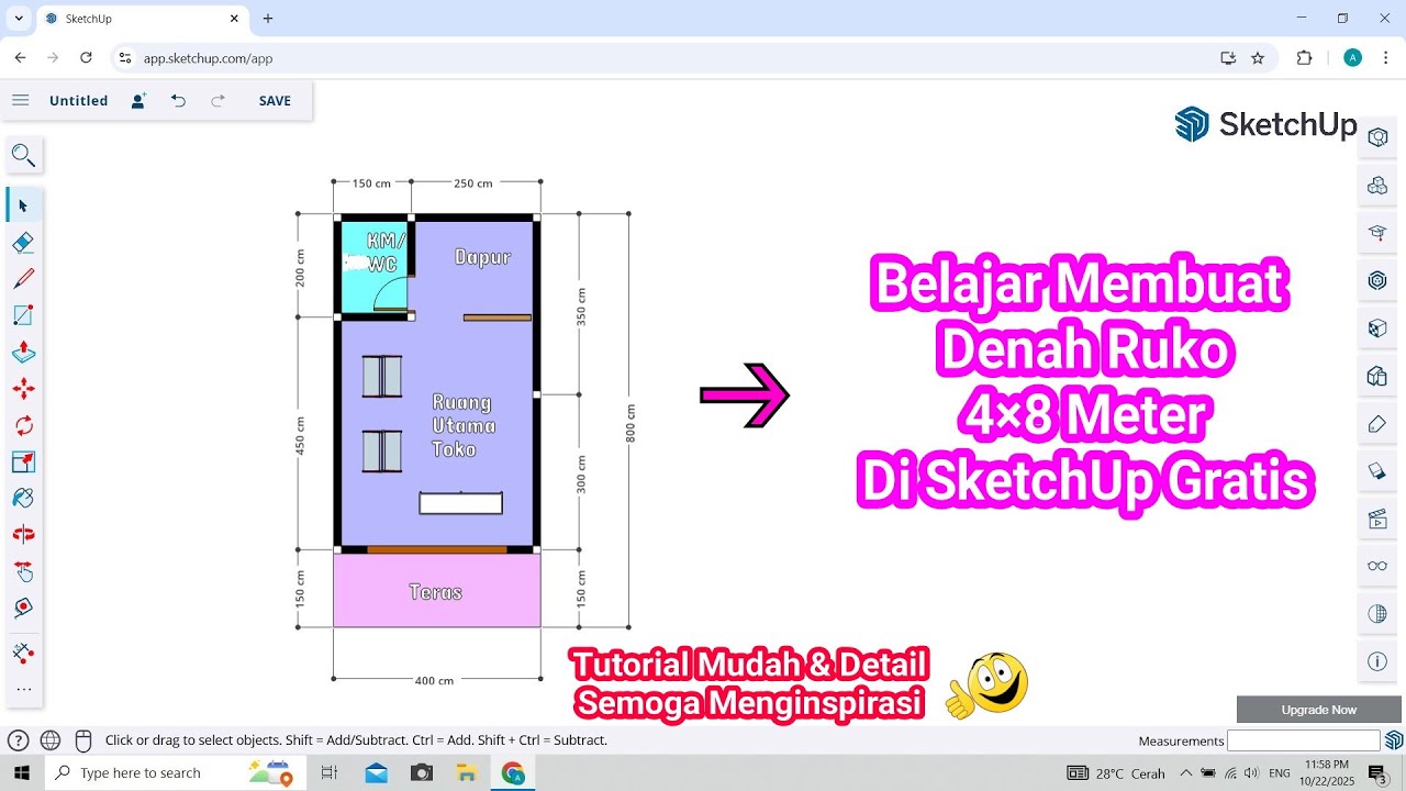 Belajar Membuat Denah Ruko 4×8 Meter di SketchUp Gratis || Tutorial ...