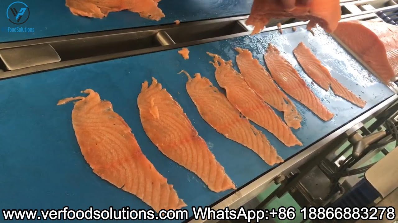 VERFOODSOLUTIONS Automatic Oblique Salmon Fillet Slicing Machine - YouTube
