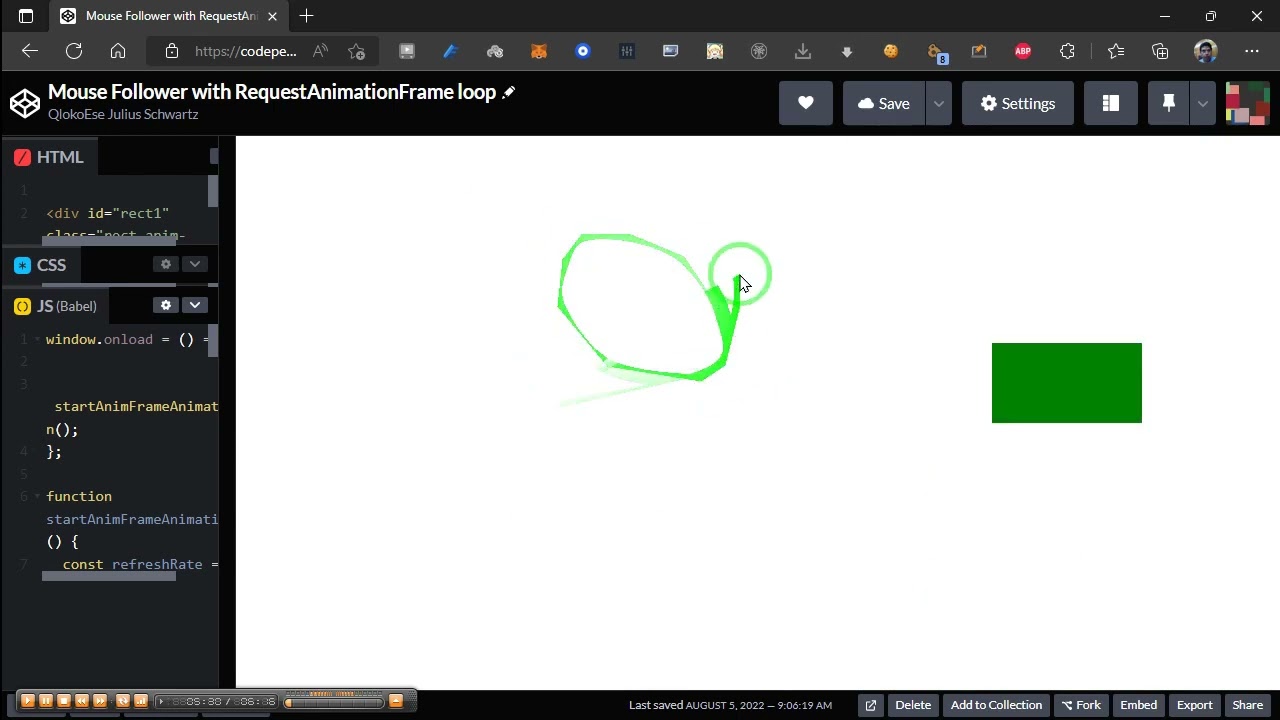 Elastic mouse follower with "Momentum" with RequestAnimationFrame - YouTube