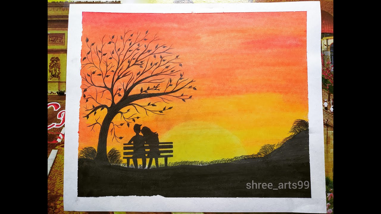 Romantic couple sunset scenery drawing | by oil pastels - YouTube