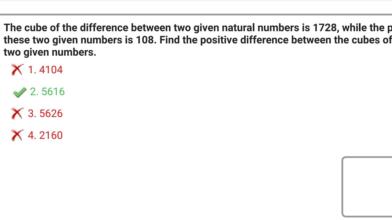 The cube of the difference between two given natural numbers is 1728 ...