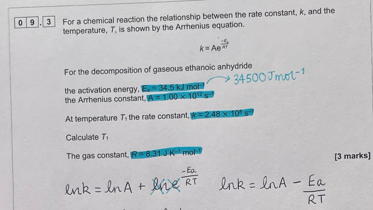Worked exam answer - AQA A level Arrhenius equation question - YouTube