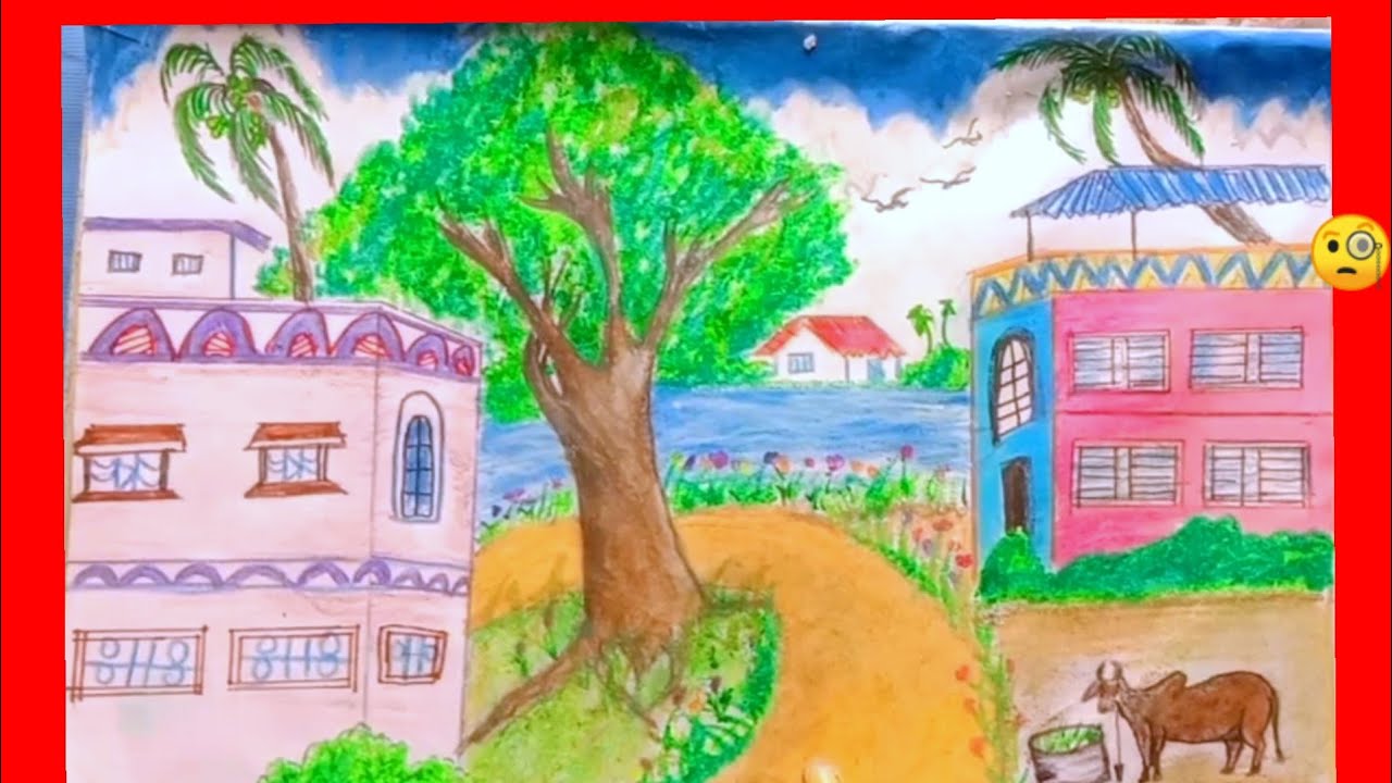 How to draw a village scenery|Modern Village landscape drawing|# ...