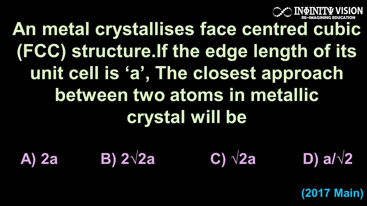 An metal crystallises face centred cubic (FCC) structure (2017 Main ...