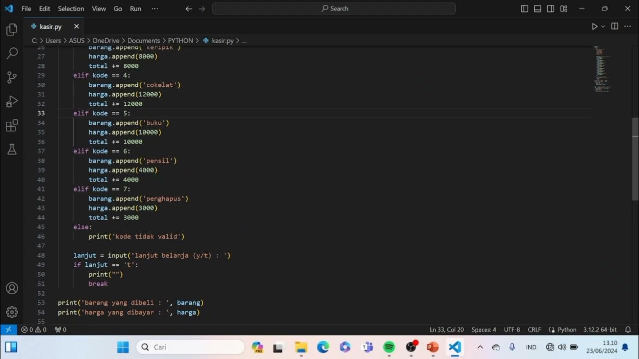 Contoh Progam Kasir menggunakan Pemrograman Python, uas prak algoritma dan pemrograman - YouTube