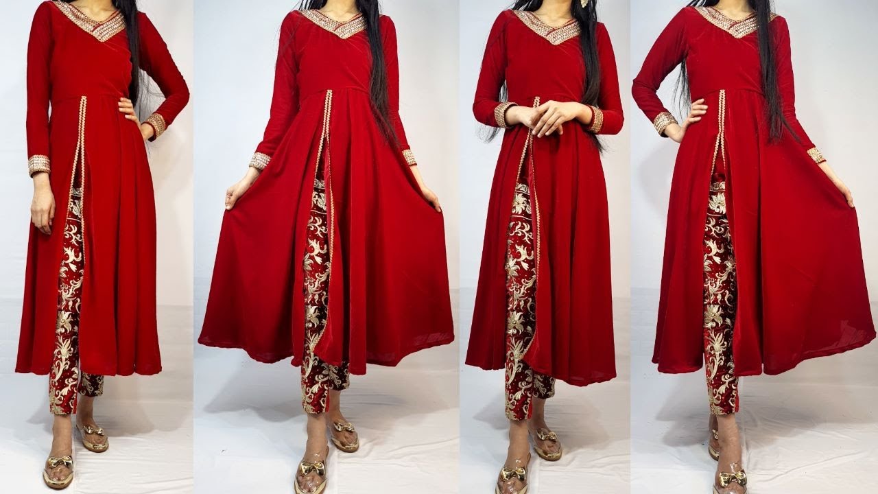 Front slite cut velvet kurti cutting and stitching/Umbrella front open ...
