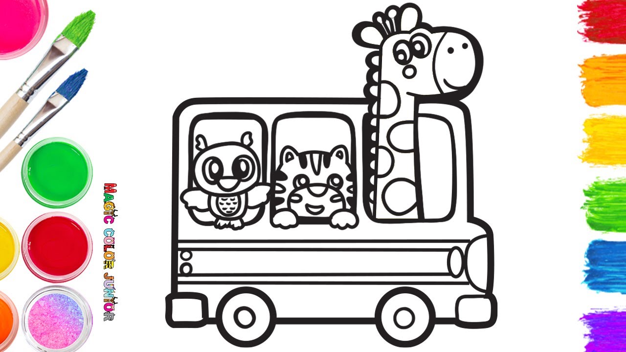 🚌How to Draw a School Bus with Giraffe, Tiger and Owl | Step By Step ...