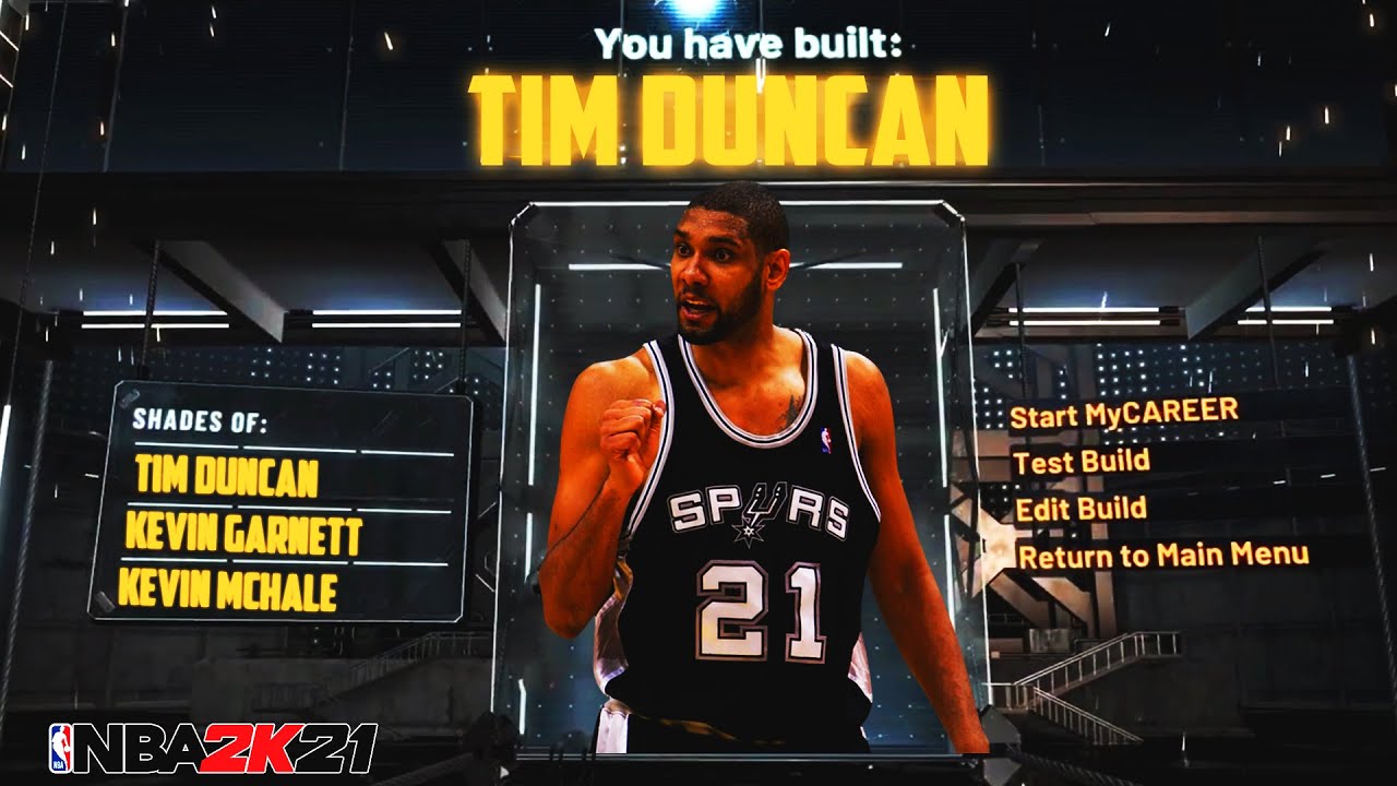 NBA 2K21 TIM DUNCAN BUILD | ALL-AROUND SKILLED PF BUILD W/ HOF BLOCKS ...