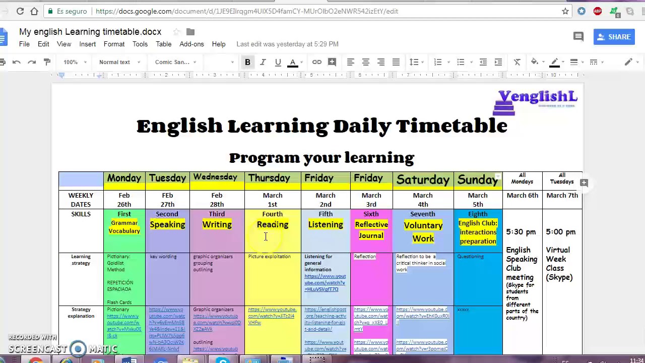 English Learning Daily Timetable - YouTube