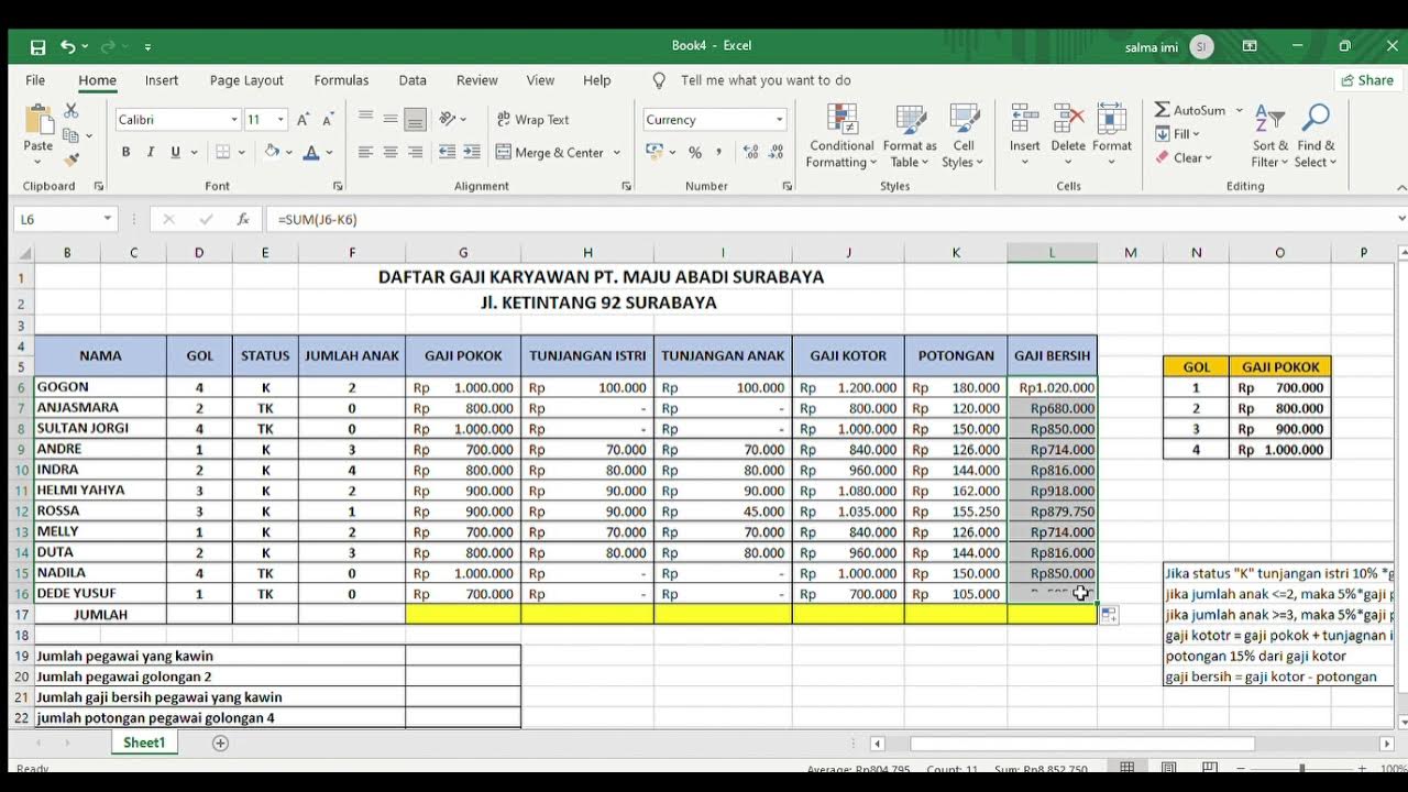 Tutorial Cara Menghitung Gaji Karyawan di Excel dengan Tunjangan, Gaji Kotor, Gaji Bersih ...