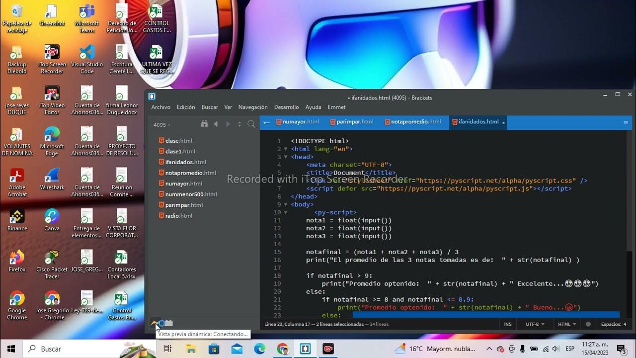 Código en Python: promedio 3 notas, utilizando editor Brackets con ...