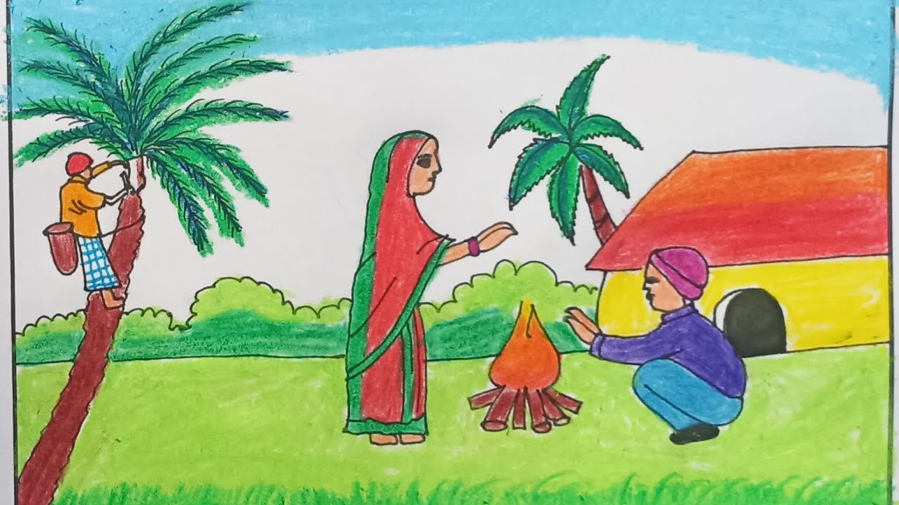 How to draw winter season scenery।। simple landscape drawing step by ...