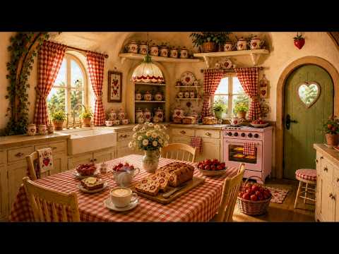 Cozy Strawberry Cottage Kitchen 🍓☕ Summer Morning Ambience w/ Soft Vintage Jazz (8 Hours, No Ads)