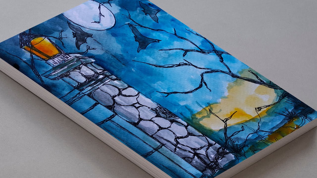 HALLOWEEN SPECIAL WATERCOLOR PAINTING | SCARY HAUNTED HOUSE SCENERY ...