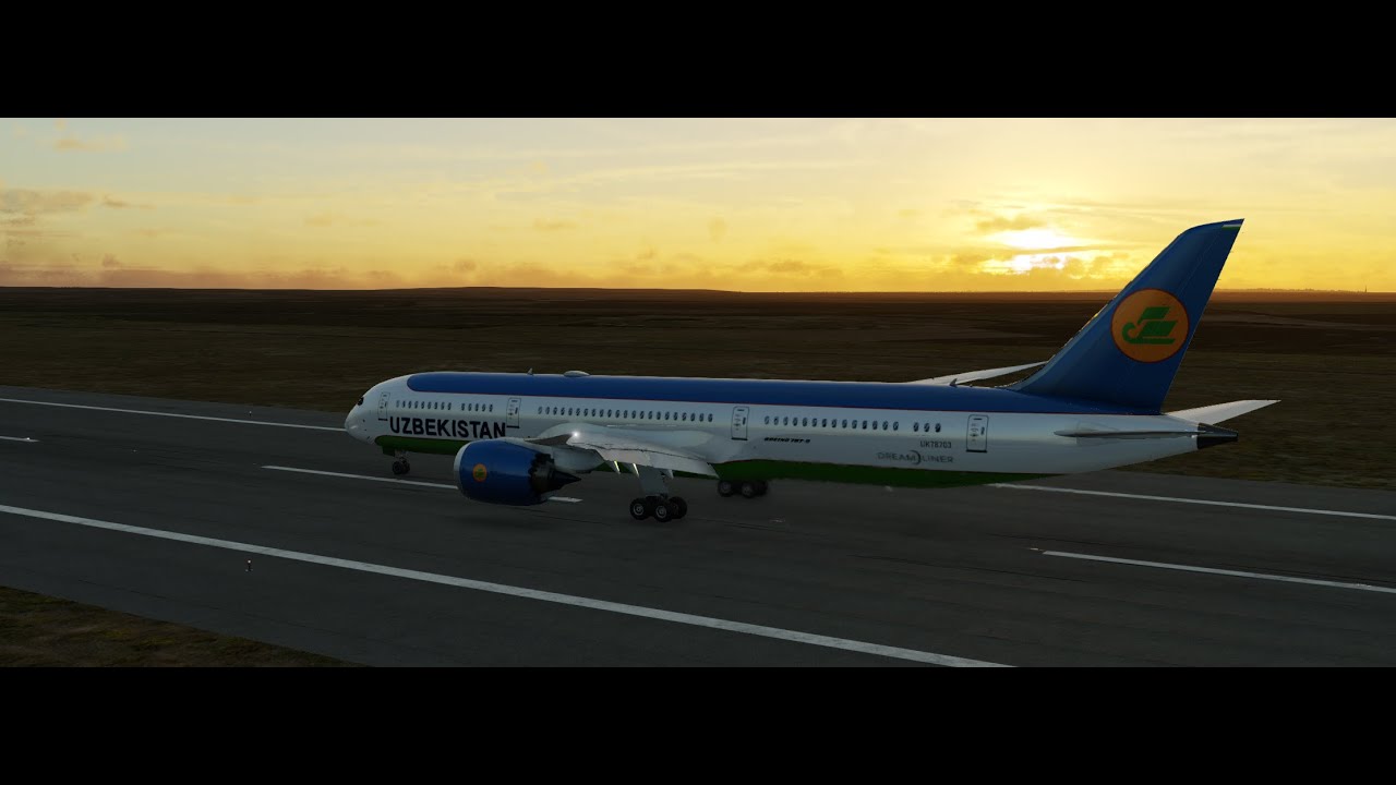 X plane 12 Boeing 787-9 Magknight Uzbekistan Airways runway 14R Ufa ...