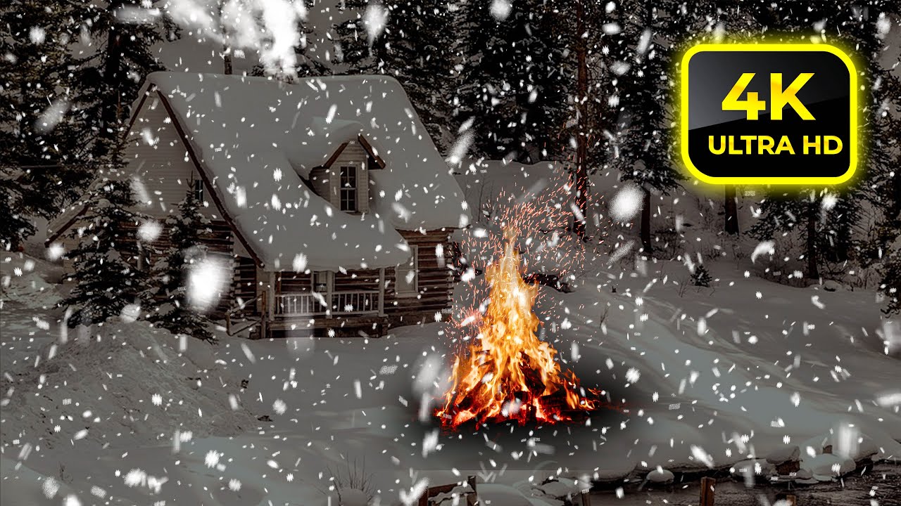 [4K] Cozy Christmas Snowfall | Crackling Fire | Ambient Snowstorm for ...
