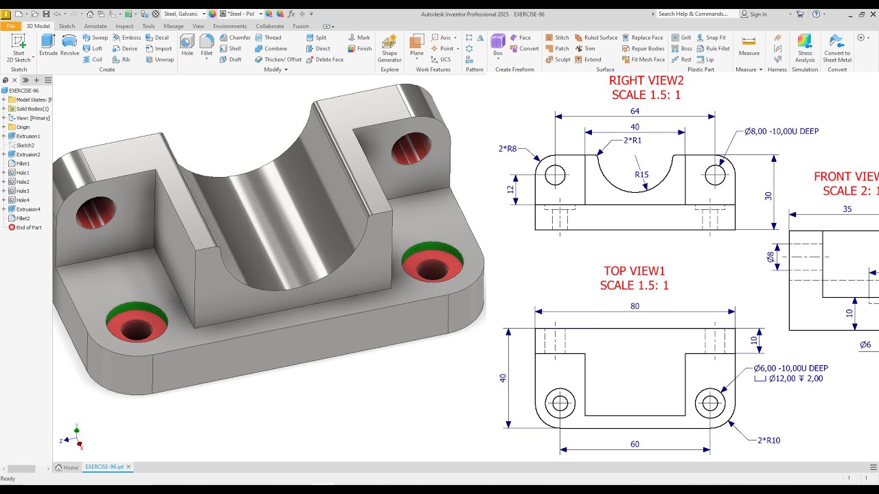 Autodesk inventor 20205 Tutorial Design 3D Model Exercise 96 - YouTube
