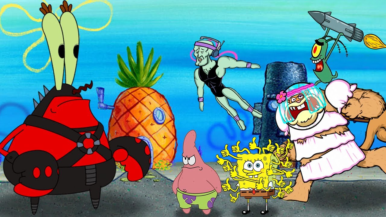 Bikini Bottom ROBO KRABS vs Squidward Spongebob Sandy Patrick Plankton ...