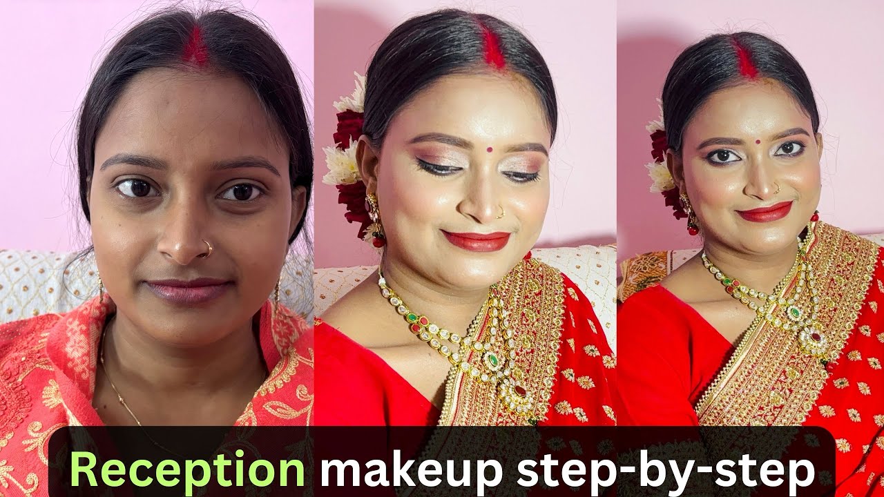 Reception makeup look for bride || Make up step-by-step with ️red saree ...